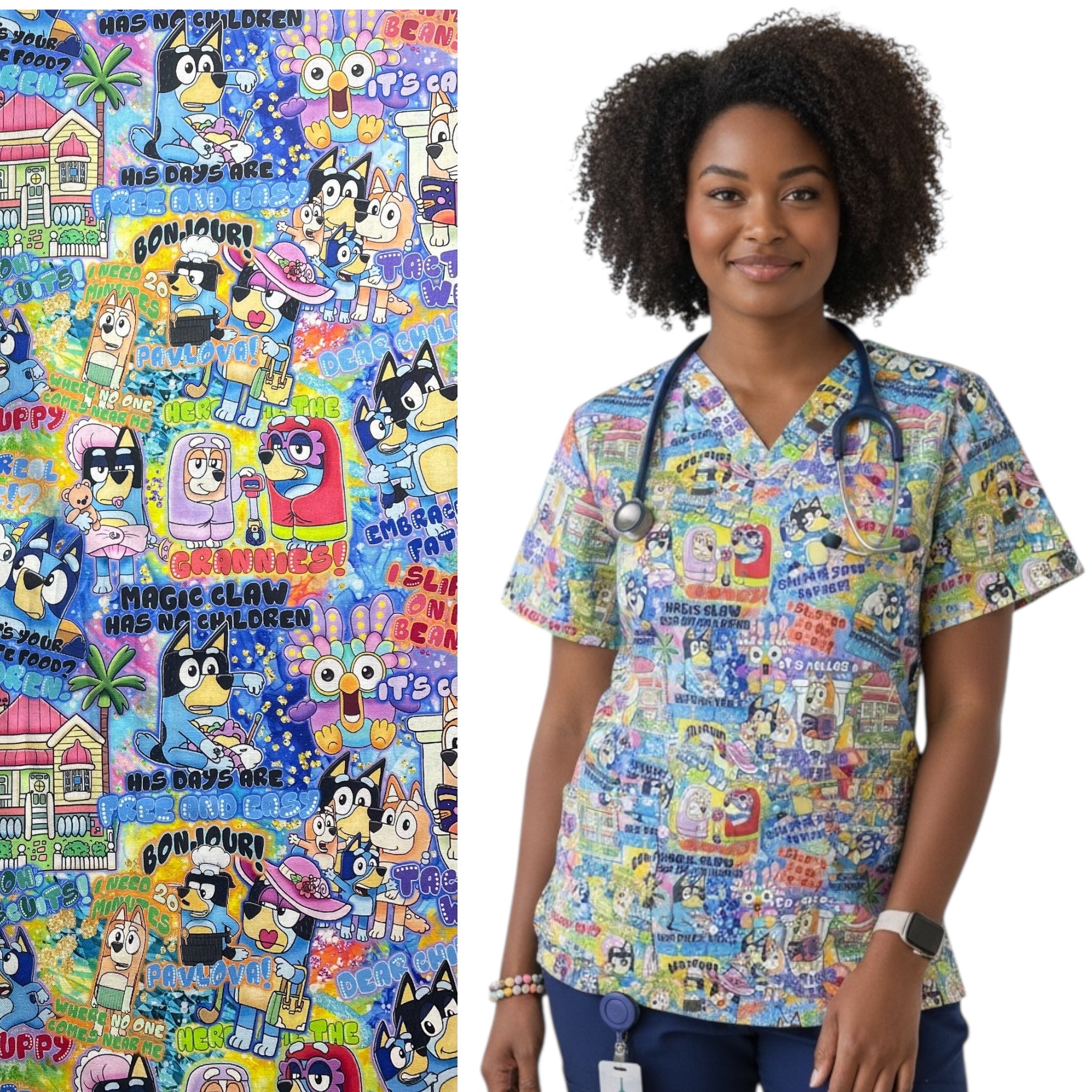 Australian Made Scrub Top- Bluey & Family – Stitched2seven4